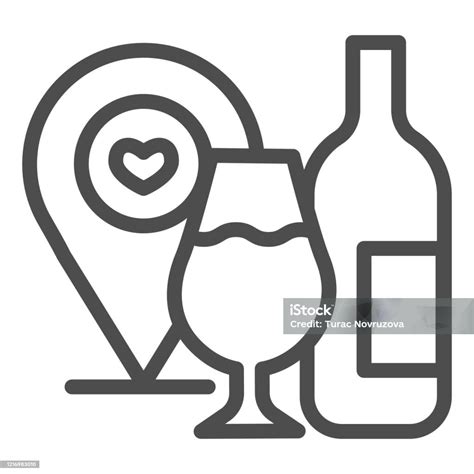 와인 위치 핀 와인 유리와 병 라인 아이콘 흰색 배경에 하트 윤곽 스타일 픽토그램와인 포인트 로고 모바일 개념 및 웹 디자인에 대 한 와이너리 표지판 벡터 그래픽 0명에