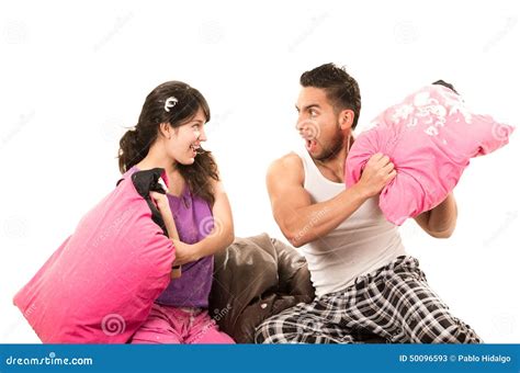 Cute Attractive Couple Having A Pillow Fight Stock Image Image Of