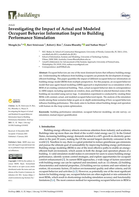 Pdf Investigating The Impact Of Actual And Modeled Occupant Behavior Information Input To