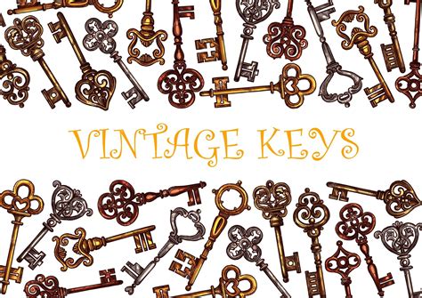 골동품 중세 고대 자물쇠의 빈티지 열쇠 프리미엄 벡터