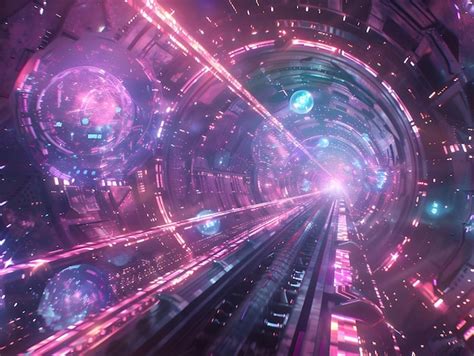 Futuristic Particle Accelerator With Bioluminescent Beams And Holographic Particle Tracks In A