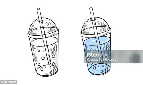 음료 세트가 있는 플라스틱 컵은 손으로 그린 스케치 아트를 그린다 개체 그룹에 대한 스톡 벡터 아트 및 기타 이미지 개체