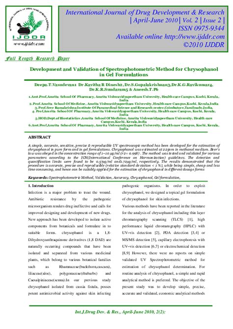 Pdf Development And Validation Of Spectrophotometric Method For Chrysophanol In Gel Formulations