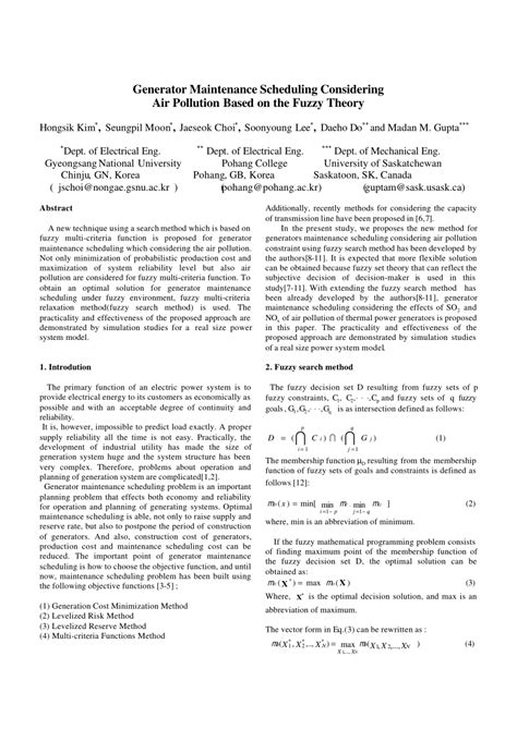 Pdf Generator Maintenance Scheduling Considering Air Pollution Based On The Fuzzy Theory
