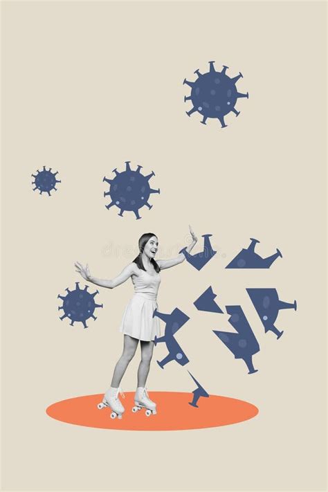 Sketch Vertical Photo Collage Of Happy Girl Walk Bacterium Covid Problem Broken Virus Pieces