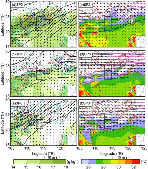 meteorological fields under the sp2 sp3 and sp8 a c and e