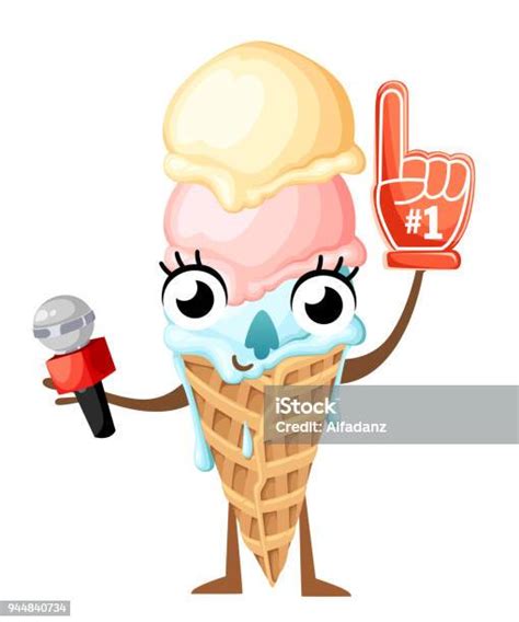 Boules De Crème Glacée Dans Le Cône De La Gaufre Mascotte Du Dessin