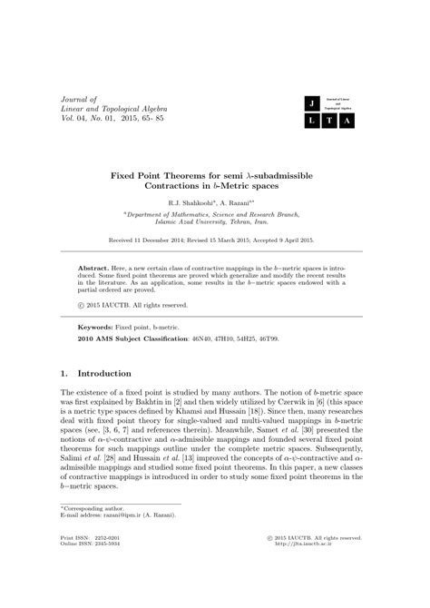 Pdf Fixed Point Theorems For Semi λ Subadmissible Contractions In B Metric Spaces