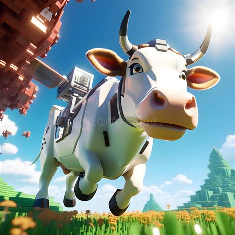 Aliens Steal A Cow In Style Of Minecraft Generative Ai Stock Image