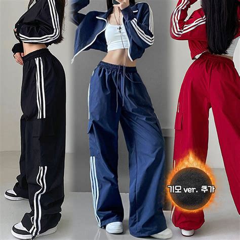 리아이 [기모ver 기본ver] 힙스트릿 2way 배색 롱 와이드 트랙 라인 기본 기모 카고팬츠 3color 포켓 허리밴딩 밑단 스트링 카고and조거 Y2k
