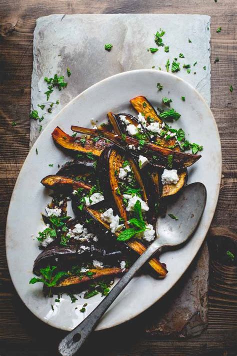 Roasted Eggplant With Pomegranate Molasses Feta And Mint Healthy Seasonal Recipes