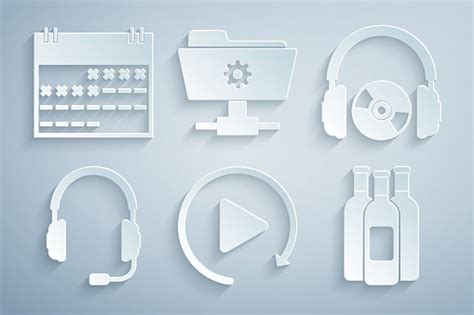 비디오 재생 버튼 헤드폰 및 Cd 또는 Dvd 마이크 와인 병 Ftp 설정 폴더 및 캘린더 아이콘을 설정합니다 벡터 3차원 형태에 대한 스톡 벡터 아트 및 기타 이미지