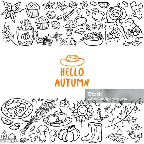 가을 낙서 카드 호박 잎 견과류 향신료 케이크 뜨거운 음료 잼 버섯 사과 배 딸기 벡터 그림입니다 가을 메뉴 색칠 공부 인사말 카드 인쇄물에 적합합니다 10월에 대한 스톡