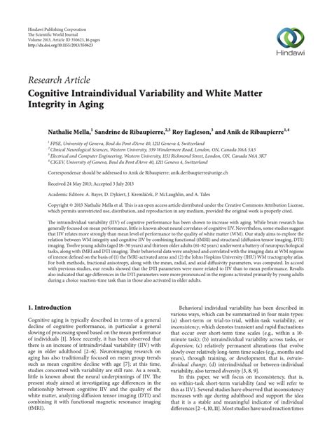 Pdf Cognitive Intraindividual Variability And White Matter Integrity In Aging
