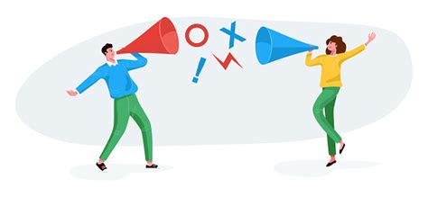 평면 스타일 한 남자와 말다툼 벡터 일러스트 레이 션에 큰 종이 나 팔을 가진 여자 개념에 대한 스톡 벡터 아트 및 기타 이미지