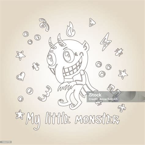 할로윈 만화 캐릭터 귀여운 작은 악마 색칠 공부 혼과 작은 패턴과 데이먼손으로 그린 벡터 일러스트레이션 파티 포스터 인사말 카드의 모든 성도의 날 개념 개념에 대한 스톡