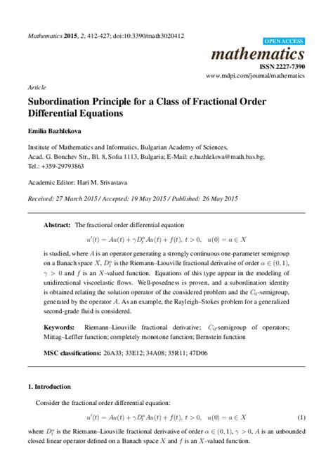 Pdf Subordination Principle For A Class Of Fractional Order Differential Equations