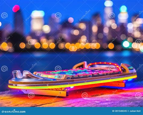 Glowing Hoverboard With Neon Skyline Backdrop Stock Illustration