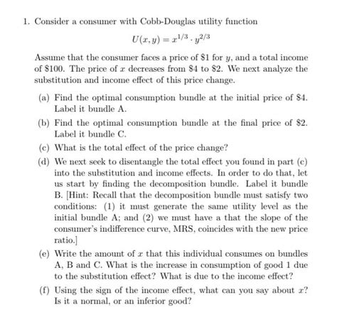 1 Consider A Consumer With Cobb Douglas Utility