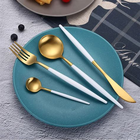 핫 세일 화이트 골드 칼 세트 나이프 스푼 식기류 304 스테인레스 스틸 서양 칼 세트 주방 음식 식기 디너 세트식기 세트 Aliexpress