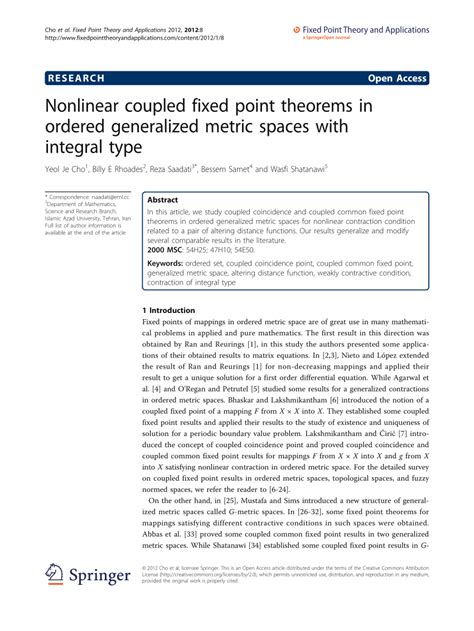 Pdf Nonlinear Coupled Fixed Point Theorems In Ordered Generalized