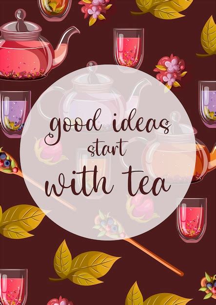 Premium Vector Template Design Poster With Lettering Teapots Cups Of Tea Tea Leaves