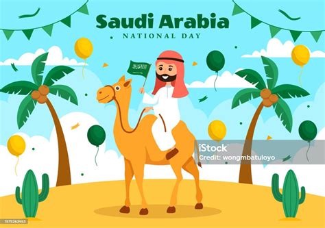 9월 23일 해피 사우디 아라비아 국경일 벡터 일러스트레이션은 플랫 만화 손으로 그린 랜딩 페이지 템플릿에 깃발 배경을 흔들고 있습니다 9월에 대한 스톡 벡터 아트 및 기타