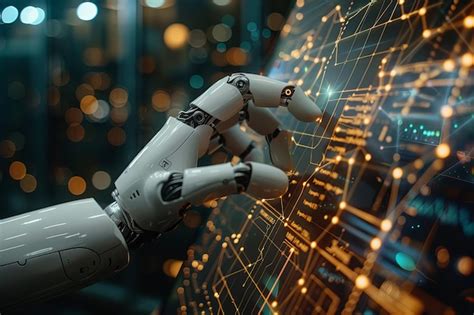 Premium Photo Robotic Hand Touching Digital Screen With City Backdrop