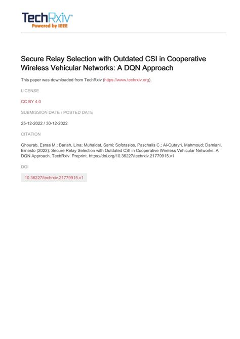 Pdf Secure Relay Selection With Outdated Csi In Cooperative Wireless Vehicular Networks A Dqn