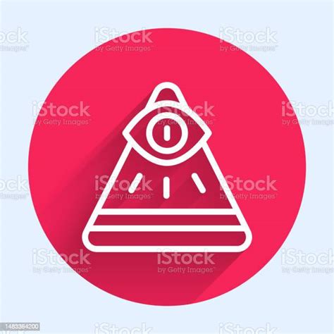 화이트 라인 메이슨은 긴 그림자로 고립 된 하나님 아이콘의 모든 눈을 상징한다 삼각형에 프로비던스의 눈 빨간색 원 버튼입니다 벡터 0명에 대한 스톡 벡터 아트 및 기타