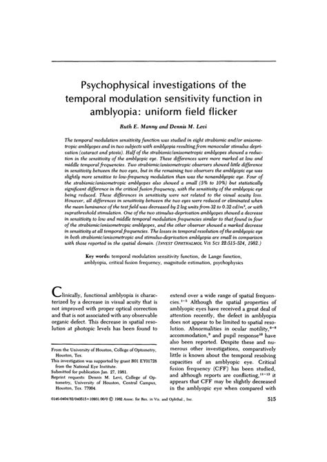 Pdf Psychophysical Investigations Of The Temporal Modulation Sensitivity Function In Amblyopia