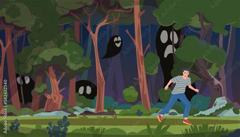 Scared People Panicked Man Afraid Of Ghosts Fearful Wild Forest Frightened Guy Running Away