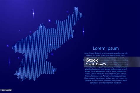 북한 지도 국가 추상 실루엣 물결 모양의 파란색 공간 정현파 라인과 빛나는 별에서 창의적인 발광 곡선의 윤곽 상태입니다 벡터