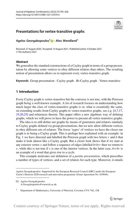 Pdf Presentations For Vertex Transitive Graphs