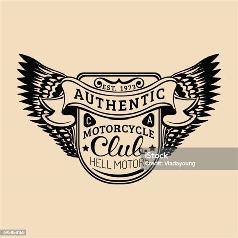 바이 커 배지 날개 일러스트와 함께입니다 엠씨 기호입니다 사용자 지정 차고 레이블입니다 벡터 빈티지 오토바이 게 상징 스포츠 레이스에 대한 스톡 벡터 아트 및 기타 이미지