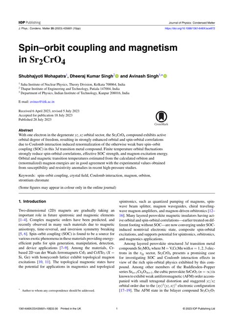Spin Orbit Coupling And Magnetism In Sr2cro4 Request Pdf