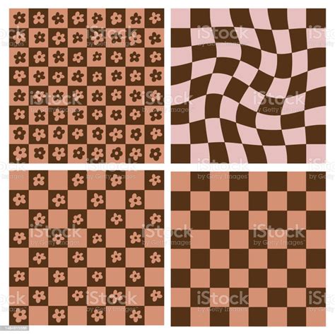 재미있는 행복한 데이지 체스와 함께 그루비 매끄러운 패턴 트렌디한 복고풍 트리피 스타일의 벡터 배경 세트 히피 60년대 70년대 스타일 1960 1969 년에 대한 스톡