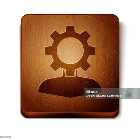 흰색 배경에 고립 된 아이콘 내부 기어와 갈색 인간 인공 지능 생각 두뇌 기호 뇌의 상징 작업입니다 나무 사각형 버튼입니다 벡터 일러스트레이션 0명에 대한 스톡 벡터 아트