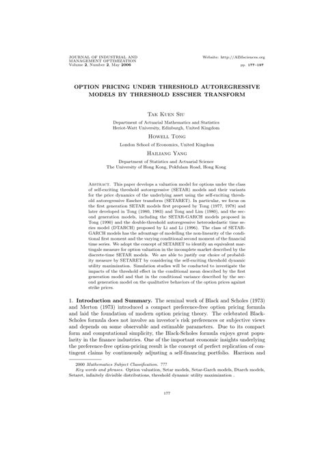 Pdf Option Pricing Under Threshold Autoregressive Models By Threshold Esscher Transform