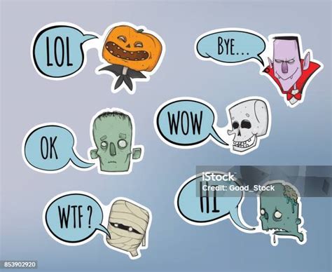 할로윈 스티커 팩입니다 좀비 해골 미 라 및 연설 거품과 더불어 다른 무서운 캐릭터 벡터 일러스트 레이 션을 설정합니다 Halloween Horror Nights에 대한