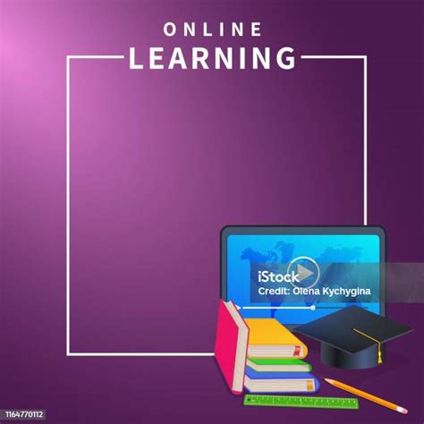 프레임 테두리와 보라색 배경에 E학습 또는 온라인 교육 웹 배너 온라인 교육 과정 비디오 자습서 대학 시험 포스터 프로모션 마케팅을위한 템플릿 디자인 3차원 형태에 대한