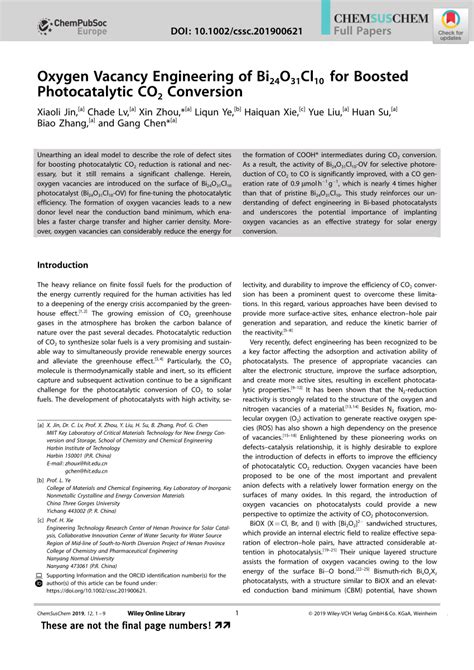 Pdf Oxygen Vacancies Engineering Bi24o31cl10 Photocatalyst For Boosted Co2 Conversion