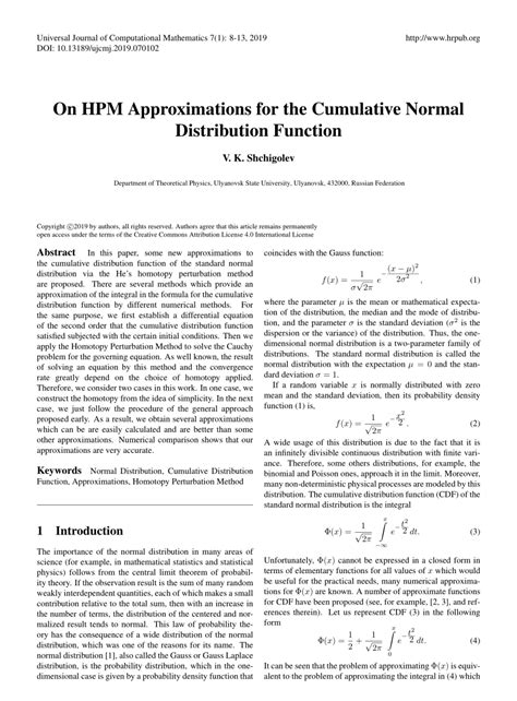 Pdf On Hpm Approximations For The Cumulative Normal Distribution Function