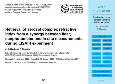 Pdf Retrieval Of Aerosol Complex Refractive Index From A Synergy Between Lidar Sunphotometer