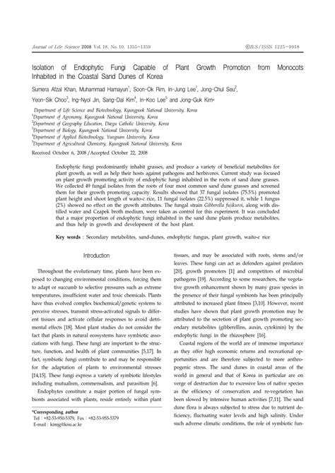 Pdf Isolation Of Endophytic Fungi Capable Of Plant Growth Promotion From Monocots Inhabited In