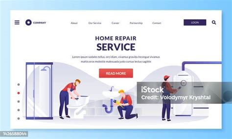 노동자들은 집 고정 작업을합니다 배관공은 화장실 탱크 싱크대 배관 파이프 온수기를 수리합니다 벡터 일러스트 레이 션