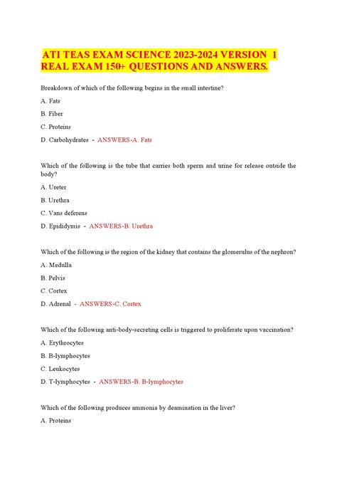 Ati Teas Exam Science 2025 2026 Version 1 Real Exam 150 Questions And Answers
