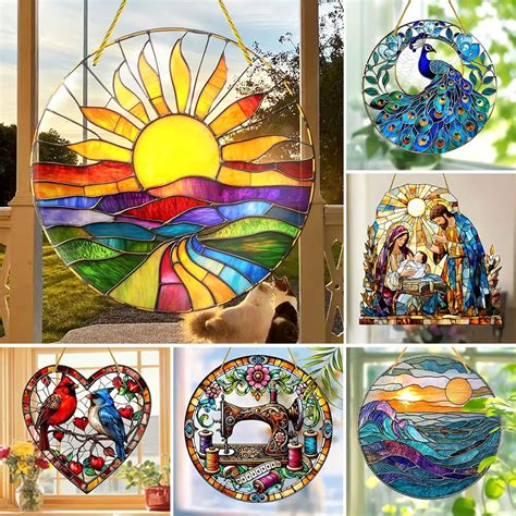 Colorful Sun Landscape Sun Catcher Decoration Stained Glass Window Han