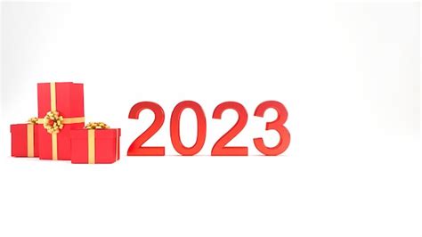 2023년 빨간색 선물 상자와 금색 리본이 있는 3d 텍스트 새해 복 많이 받으세요 배경 개념 3d 렌더링 프리미엄 사진