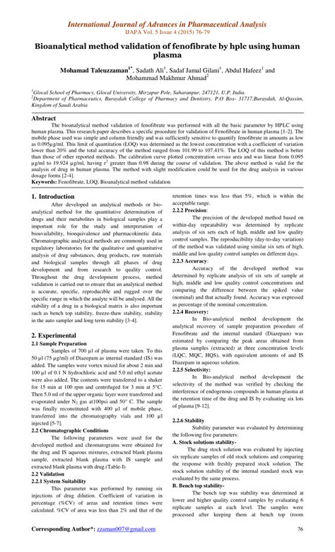 Pdf Bioanalytical Method Validation Of Fenofibrate By Hplc Using Human Plasma